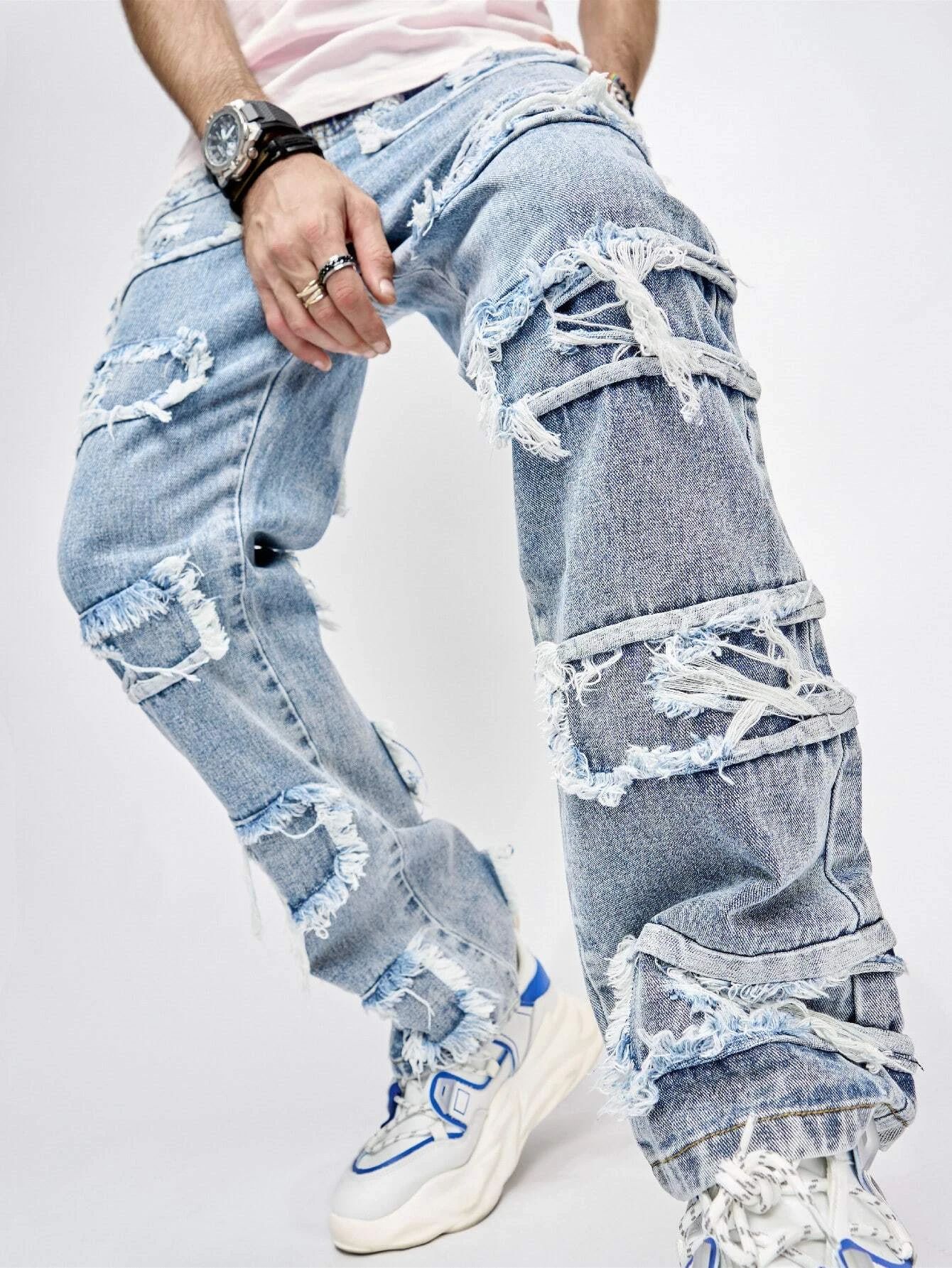 Custom Jeans Supplier Men Ripped Raw Cut Straight Leg Jeans