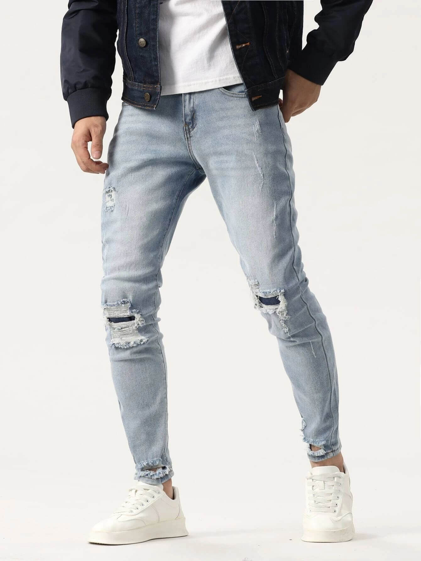 Custom Jeans Supplier Men Ripped Cat Scratch Skinny Jeans