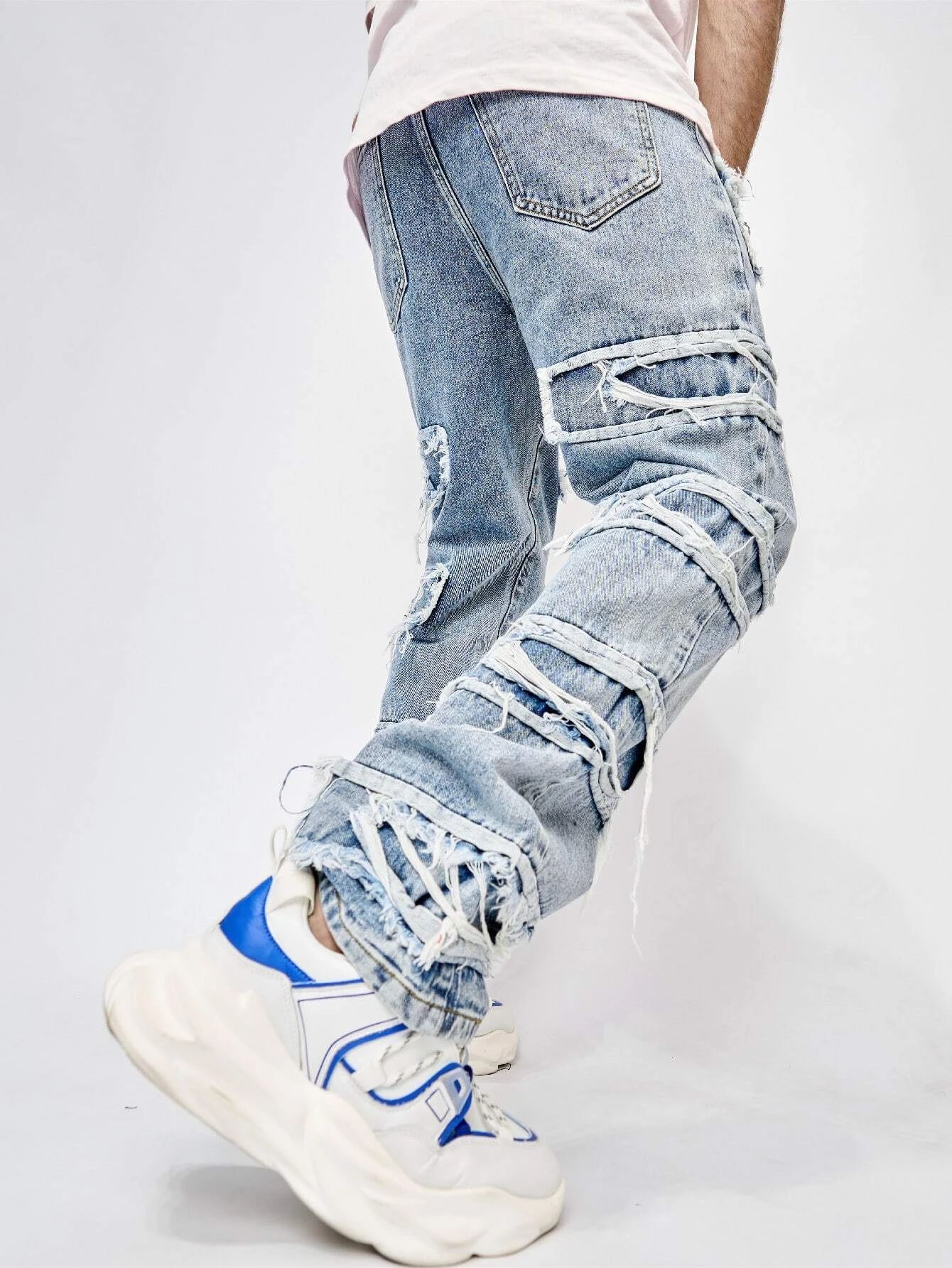 Custom Jeans Supplier Men Ripped Raw Cut Straight Leg Jeans